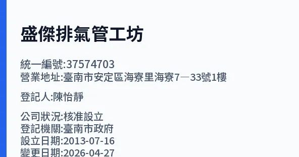 盛傑排氣管工坊的照片-統編 37574703(臺南市) 公司登記資料與營業項目詳細圖表