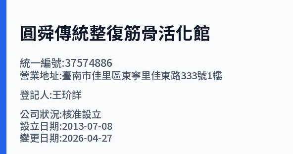 圓舜傳統整復筋骨活化館的照片-統編 37574886(臺南市) 公司登記資料與營業項目詳細圖表
