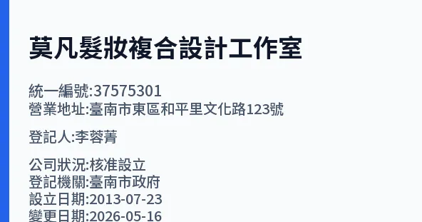莫凡髮妝複合設計工作室的照片-統編 37575301(臺南市) 公司登記資料與營業項目詳細圖表