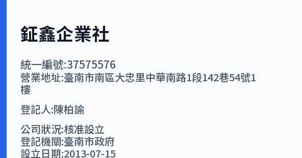 鉦鑫企業社的照片-統編 37575576(臺南市) 公司登記資料與營業項目詳細圖表
