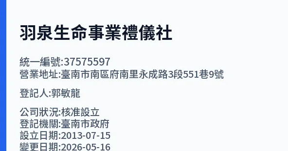 羽泉生命事業禮儀社的照片-統編 37575597(臺南市) 公司登記資料與營業項目詳細圖表
