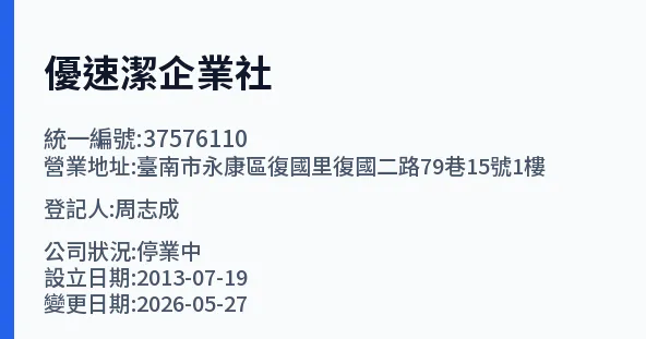 優速潔企業社的照片-統編 37576110(臺南市) 公司登記資料與營業項目詳細圖表