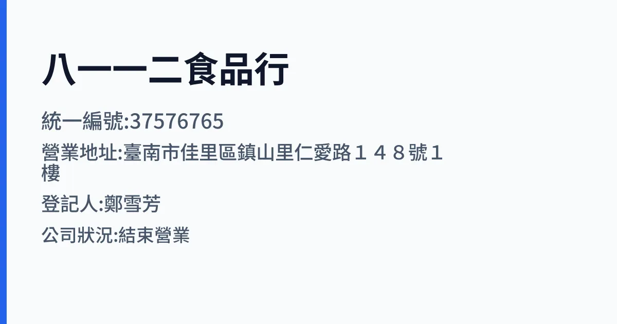 八一一二食品行 - 統編 37576765(臺南市) 公司登記資料與營業項目詳細圖表