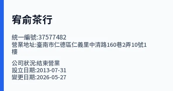 宥俞茶行的照片-統編 37577482(臺南市) 公司登記資料與營業項目詳細圖表