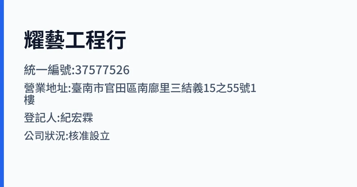 耀藝工程行 - 統編 37577526(臺南市) 公司登記資料與營業項目詳細圖表