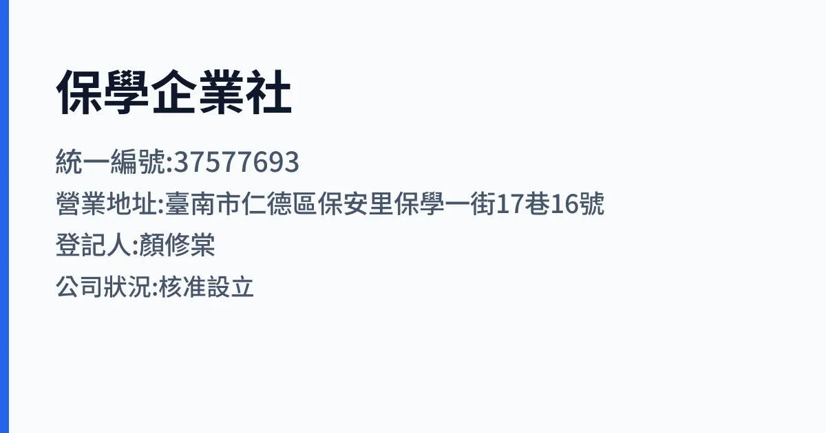 保學企業社 - 統編 37577693(臺南市) 公司登記資料與營業項目詳細圖表