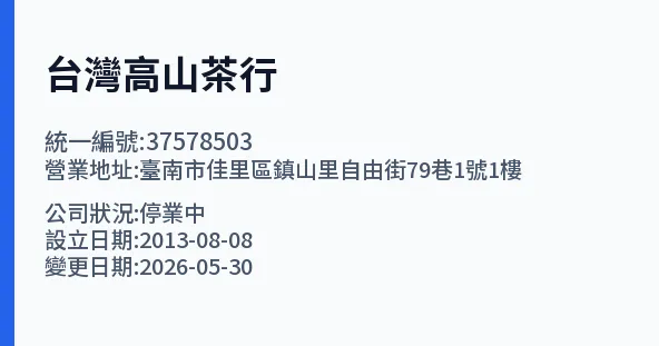 台灣高山茶行的照片-統編 37578503(臺南市) 公司登記資料與營業項目詳細圖表