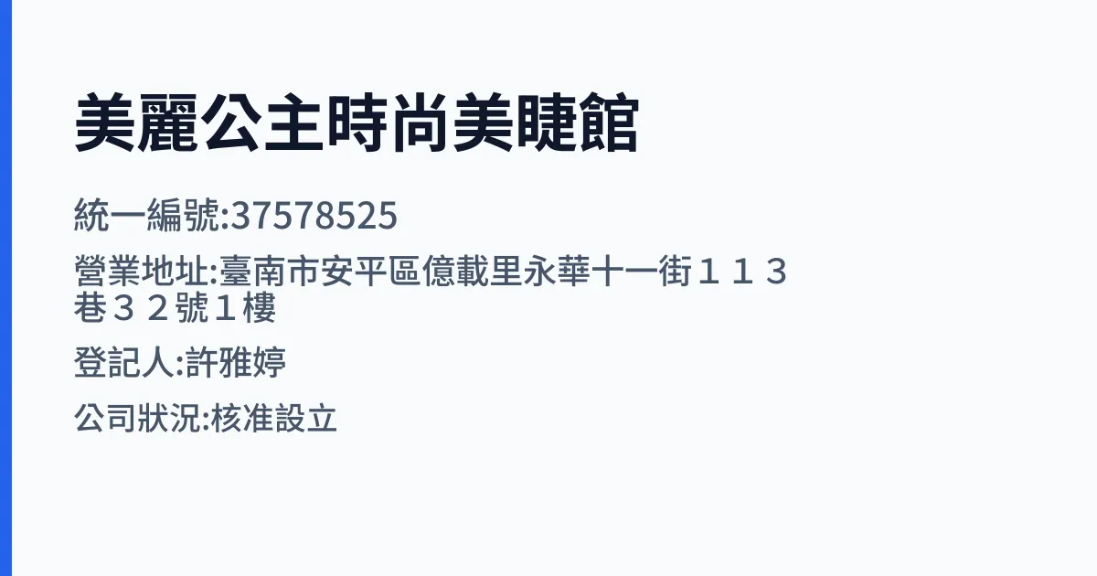 美麗公主時尚美睫館 - 統編 37578525(臺南市) 公司登記資料與營業項目詳細圖表