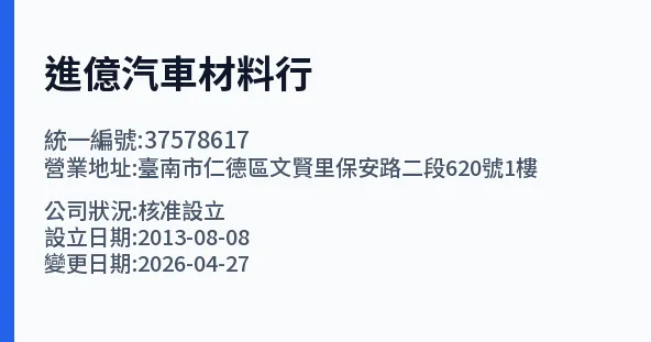 進億汽車材料行的照片-統編 37578617(臺南市) 公司登記資料與營業項目詳細圖表
