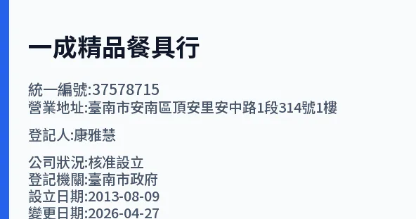 一成精品餐具行的照片-統編 37578715(臺南市) 公司登記資料與營業項目詳細圖表