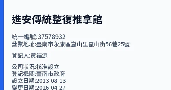 進安傳統整復推拿館的照片-統編 37578932(臺南市) 公司登記資料與營業項目詳細圖表