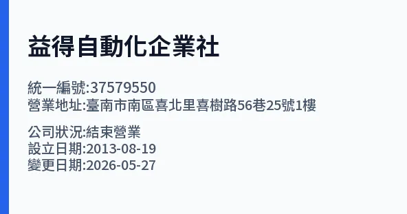 益得自動化企業社的照片-統編 37579550(臺南市) 公司登記資料與營業項目詳細圖表