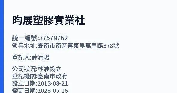 昀展塑膠實業社的照片-統編 37579762(臺南市) 公司登記資料與營業項目詳細圖表