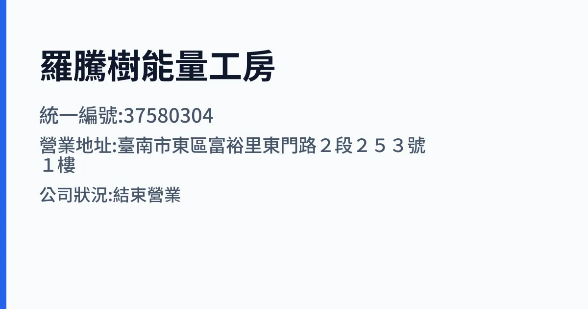 羅騰樹能量工房 - 統編 37580304(臺南市) 公司登記資料與營業項目詳細圖表