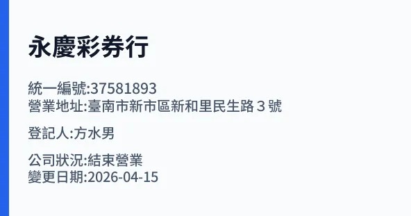 永慶彩券行的照片-統編 37581893(臺南市) 公司登記資料與營業項目詳細圖表