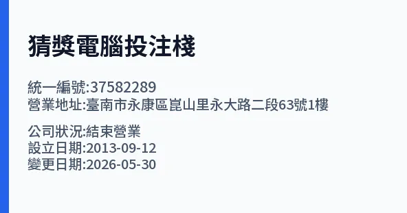 猜獎電腦投注棧的照片-統編 37582289(臺南市) 公司登記資料與營業項目詳細圖表