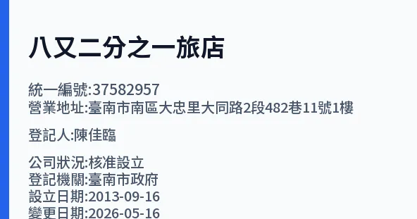 八又二分之一旅店的照片-統編 37582957(臺南市) 公司登記資料與營業項目詳細圖表