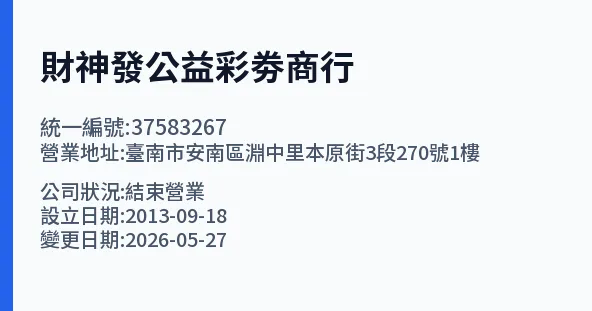 財神發公益彩劵商行的照片-統編 37583267(臺南市) 公司登記資料與營業項目詳細圖表