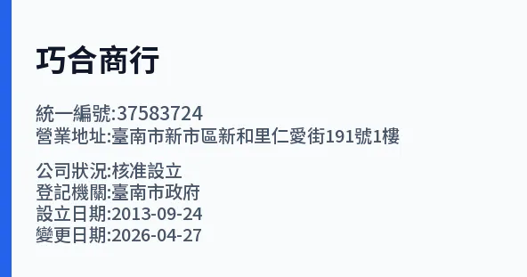 巧合商行的照片-統編 37583724(臺南市) 公司登記資料與營業項目詳細圖表