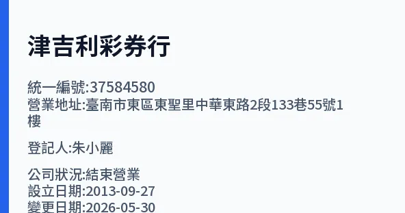 津吉利彩券行的照片-統編 37584580(臺南市) 公司登記資料與營業項目詳細圖表