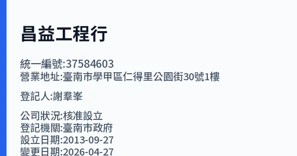 昌益工程行的照片-統編 37584603(臺南市) 公司登記資料與營業項目詳細圖表