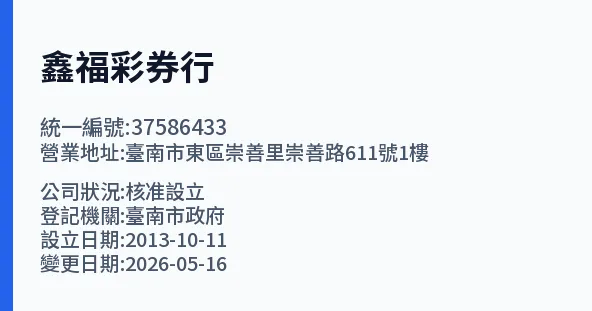 鑫福彩券行的照片-統編 37586433(臺南市) 公司登記資料與營業項目詳細圖表