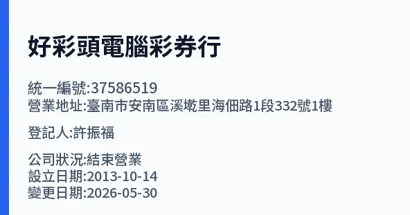 好彩頭電腦彩券行的照片-統編 37586519(臺南市) 公司登記資料與營業項目詳細圖表