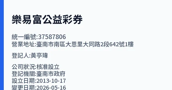 樂易富公益彩券的照片-統編 37587806(臺南市) 公司登記資料與營業項目詳細圖表