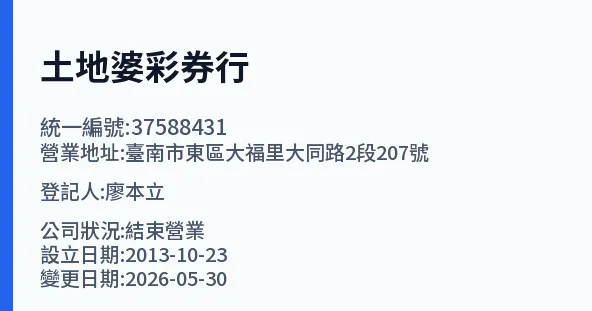 土地婆彩券行的照片-統編 37588431(臺南市) 公司登記資料與營業項目詳細圖表