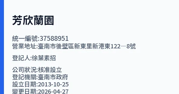 芳欣蘭園的照片-統編 37588951(臺南市) 公司登記資料與營業項目詳細圖表