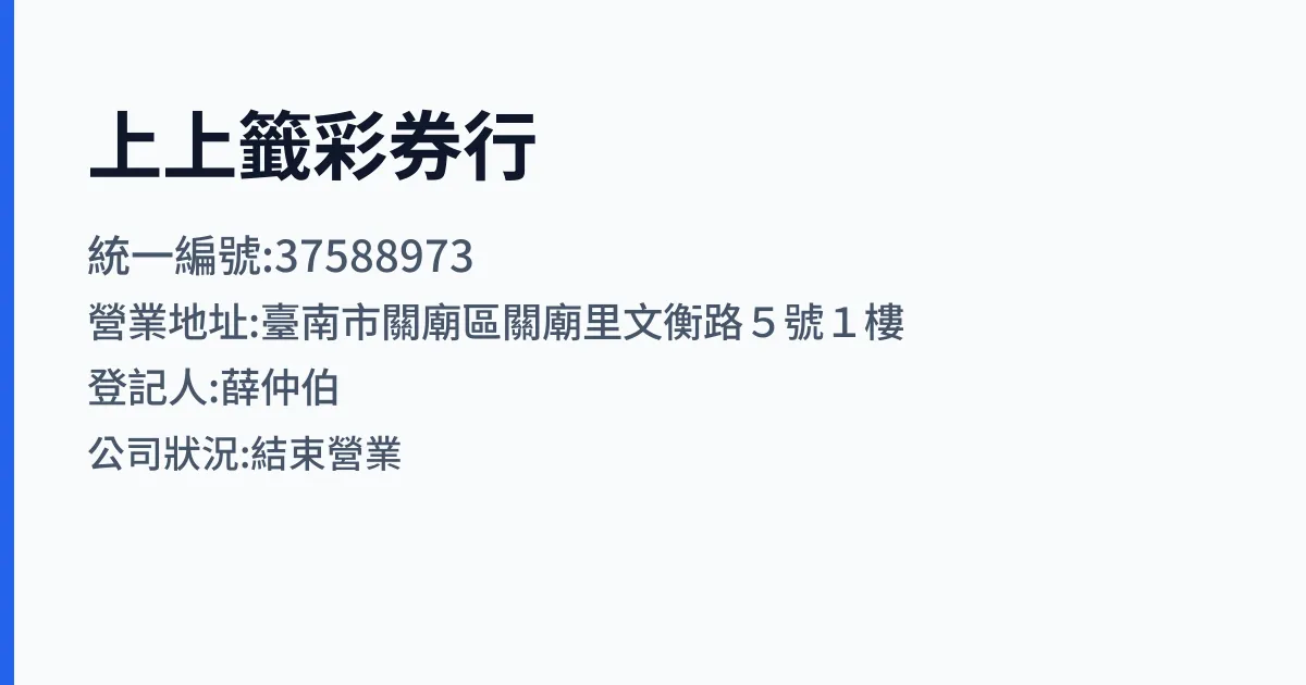 上上籤彩券行 - 統編 37588973(臺南市) 公司登記資料與營業項目詳細圖表