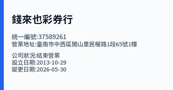錢來也彩券行的照片-統編 37589261(臺南市) 公司登記資料與營業項目詳細圖表