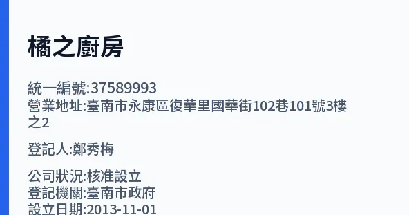橘之廚房的照片-統編 37589993(臺南市) 公司登記資料與營業項目詳細圖表