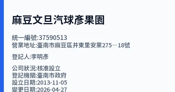 麻豆文旦汽球彥果園的照片-統編 37590513(臺南市) 公司登記資料與營業項目詳細圖表