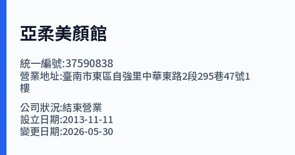 亞柔美顏館的照片-統編 37590838(臺南市) 公司登記資料與營業項目詳細圖表
