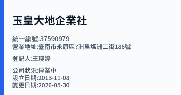 玉皇大地企業社的照片-統編 37590979(臺南市) 公司登記資料與營業項目詳細圖表