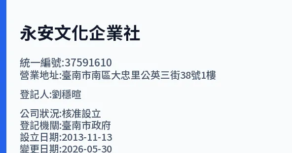 永安文化企業社的照片-統編 37591610(臺南市) 公司登記資料與營業項目詳細圖表
