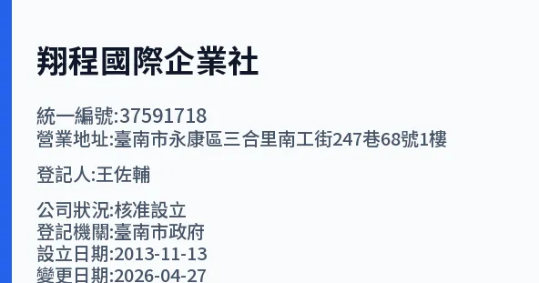 翔程國際企業社的照片-統編 37591718(臺南市) 公司登記資料與營業項目詳細圖表