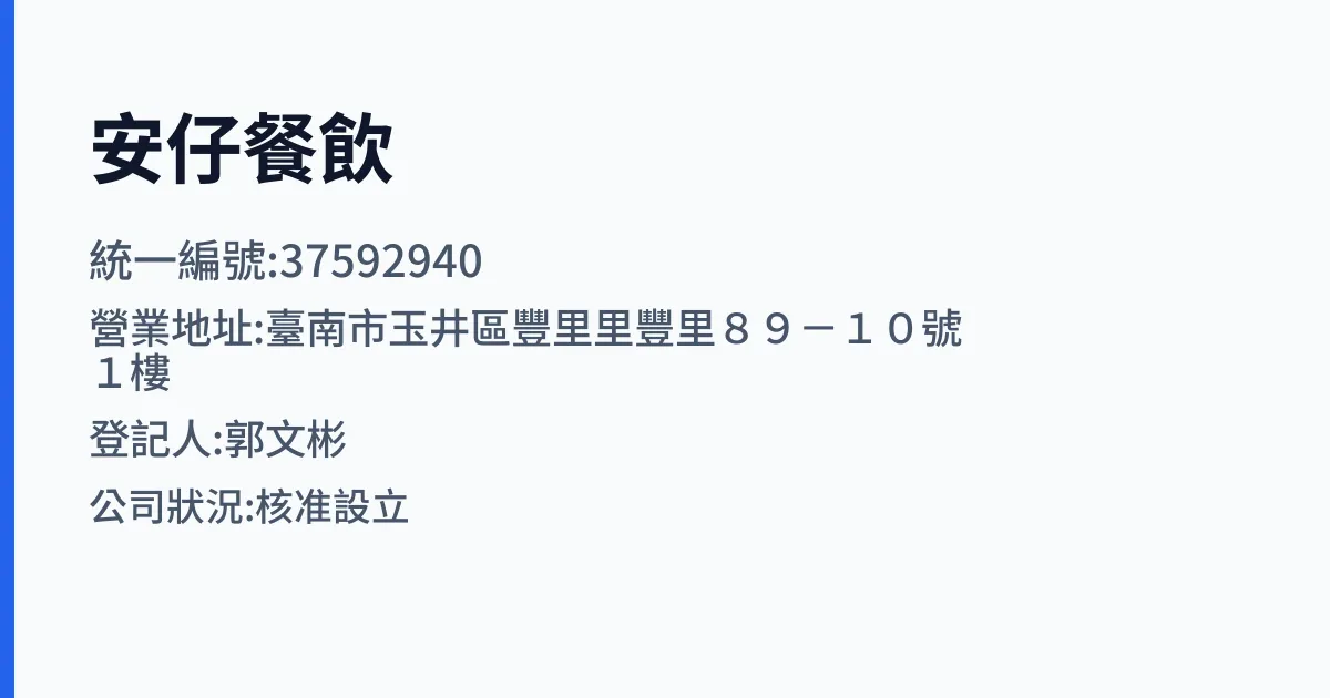安仔餐飲 - 統編 37592940(臺南市) 公司登記資料與營業項目詳細圖表