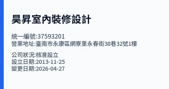 昊昇室內裝修設計的照片-統編 37593201(臺南市) 公司登記資料與營業項目詳細圖表