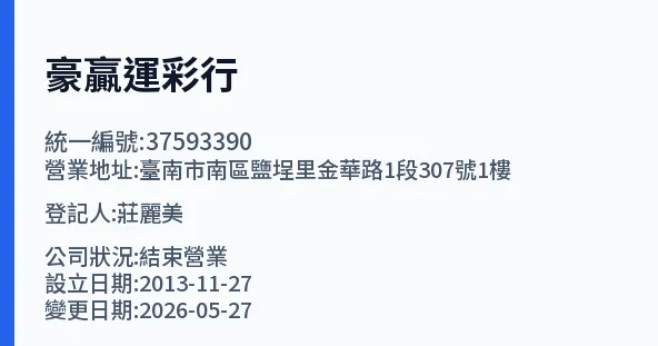 豪贏運彩行的照片-統編 37593390(臺南市) 公司登記資料與營業項目詳細圖表