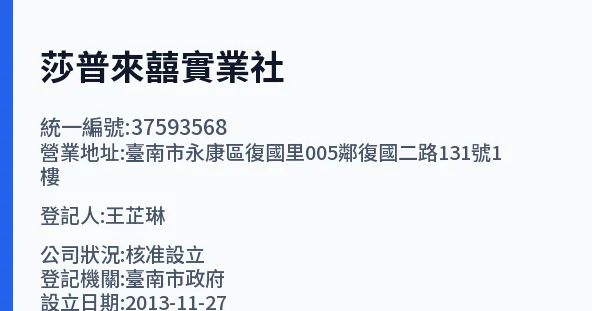 莎普來囍實業社的照片-統編 37593568(臺南市) 公司登記資料與營業項目詳細圖表