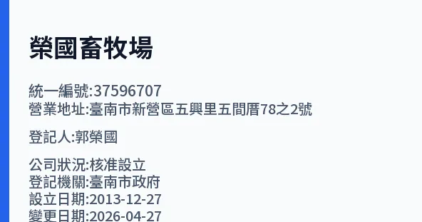 榮國畜牧場的照片-統編 37596707(臺南市) 公司登記資料與營業項目詳細圖表