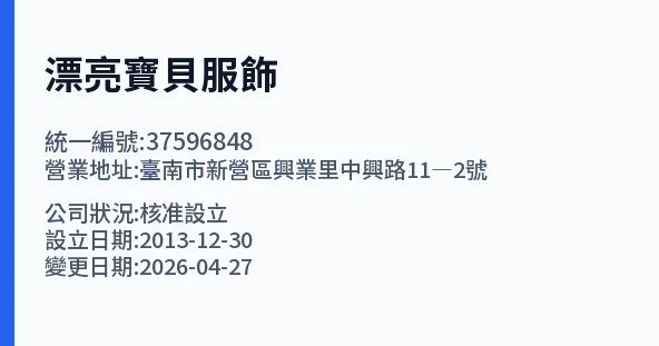 漂亮寶貝服飾的照片-統編 37596848(臺南市) 公司登記資料與營業項目詳細圖表