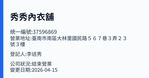 秀秀內衣舖的照片-統編 37596869(臺南市) 公司登記資料與營業項目詳細圖表