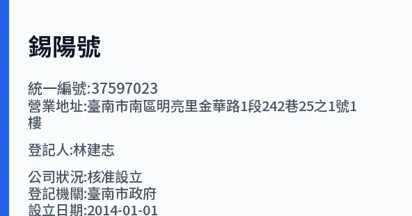 錫陽號的照片-統編 37597023(臺南市) 公司登記資料與營業項目詳細圖表