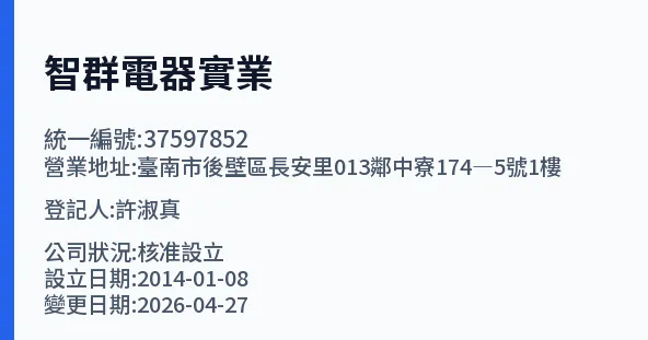 智群電器實業的照片-統編 37597852(臺南市) 公司登記資料與營業項目詳細圖表