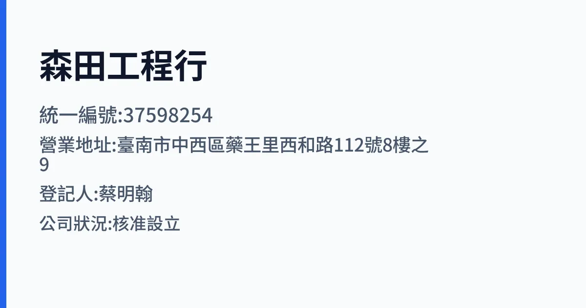 森田工程行 - 統編 37598254(臺南市) 公司登記資料與營業項目詳細圖表