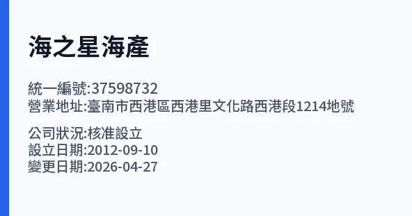 海之星海產的照片-統編 37598732(臺南市) 公司登記資料與營業項目詳細圖表