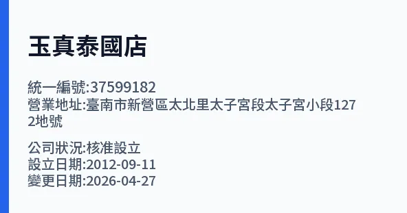 玉真泰國店的照片-統編 37599182(臺南市) 公司登記資料與營業項目詳細圖表